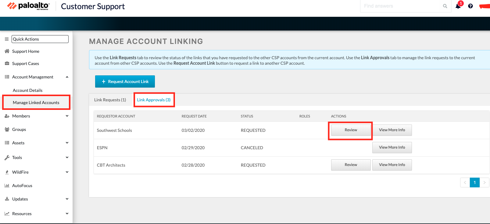link approvals tab on the manage account linking page