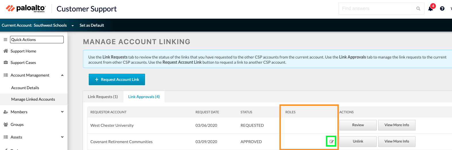 editing roles from the link approvals tab on the manage account linking ...