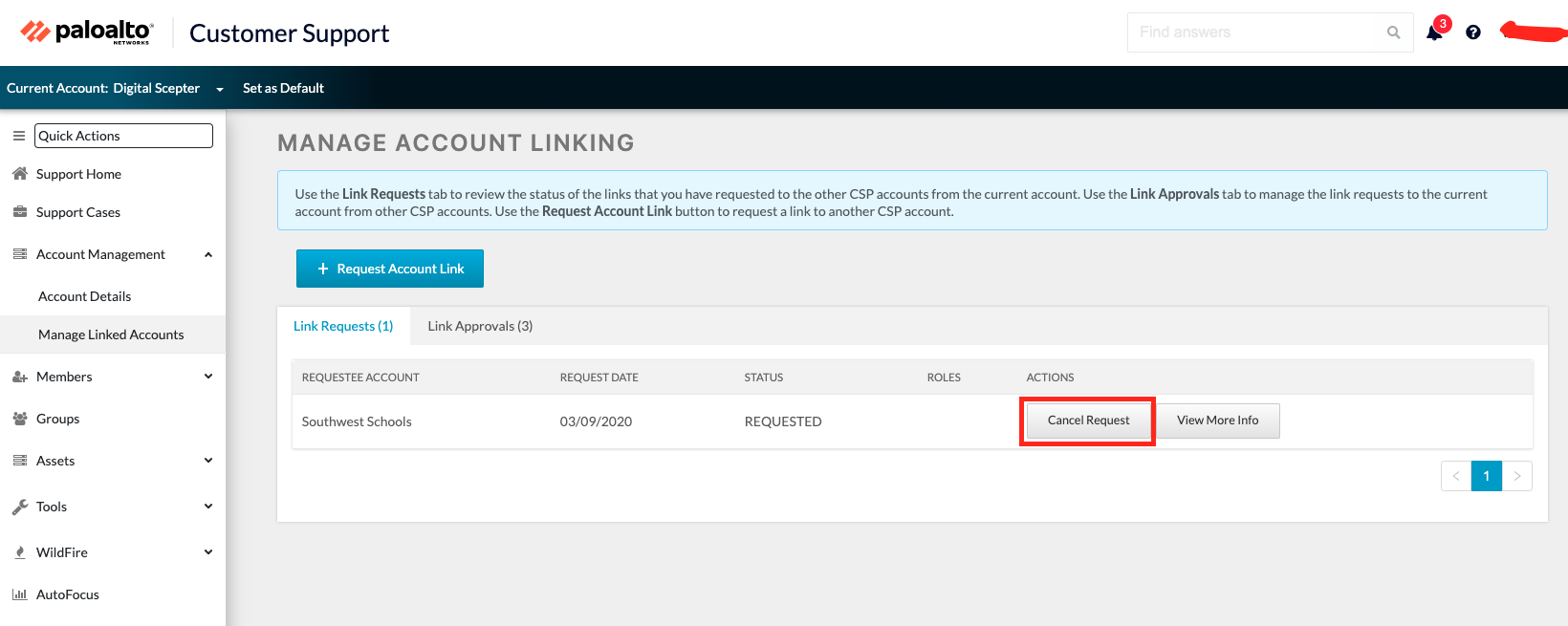 canceling a request from the link request tab on the manage account ...