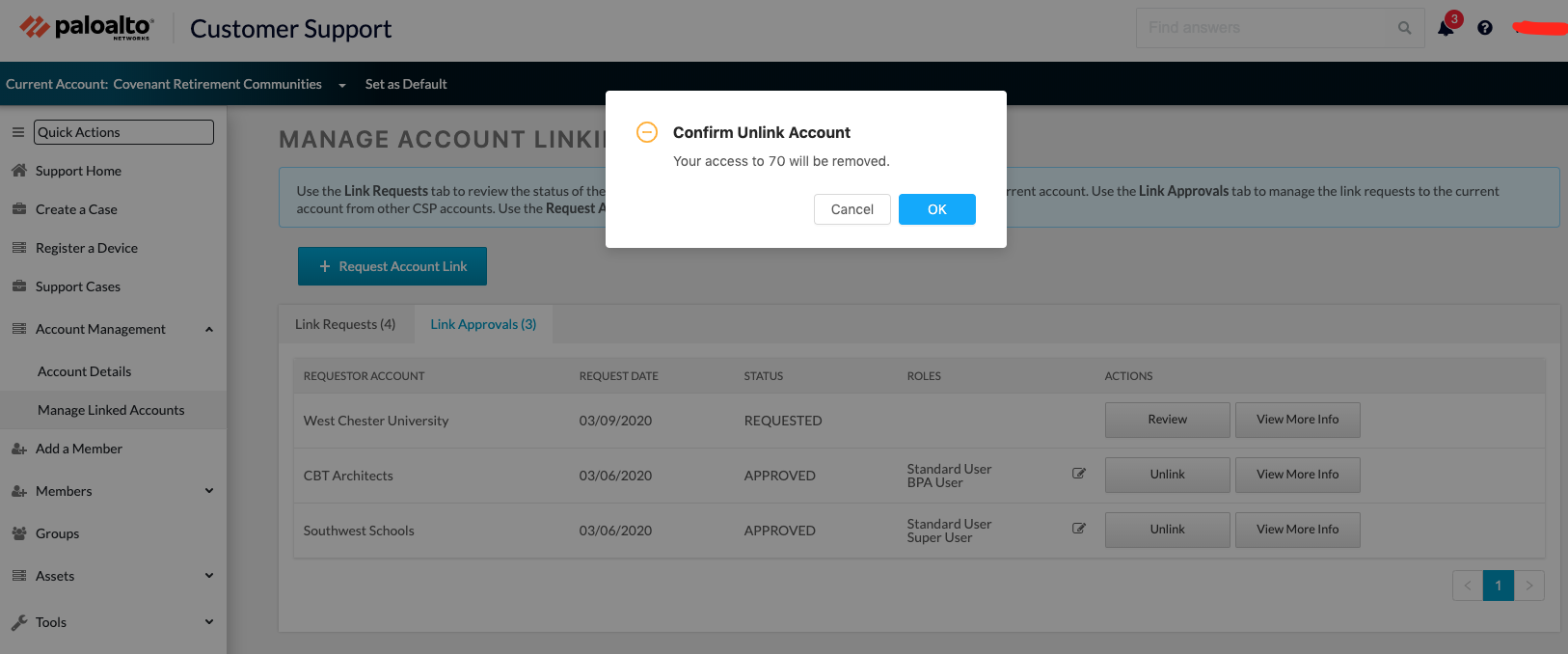 confirmation to unlink account