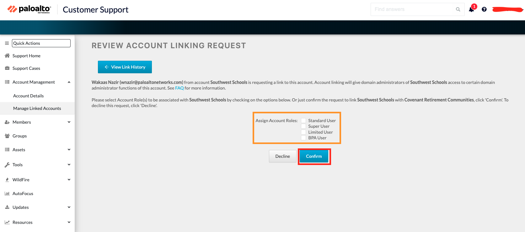 assigning account roles on the account linking request page, options ...