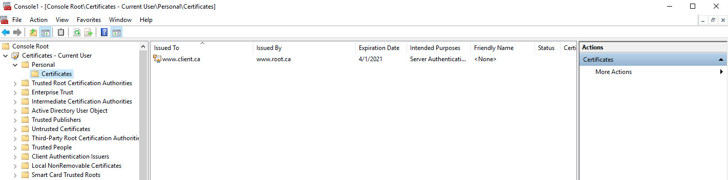 Screenshot displaying the client certificate installed in the user's ...