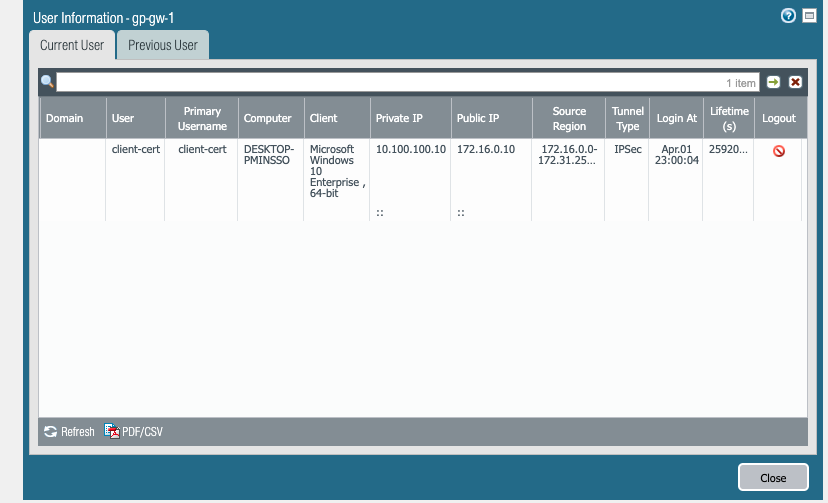 Screenshot displaying GlobalProtect client connection information ...
