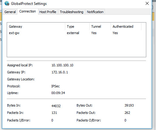 Screenshot displaying GlobalProtect client connection information ...