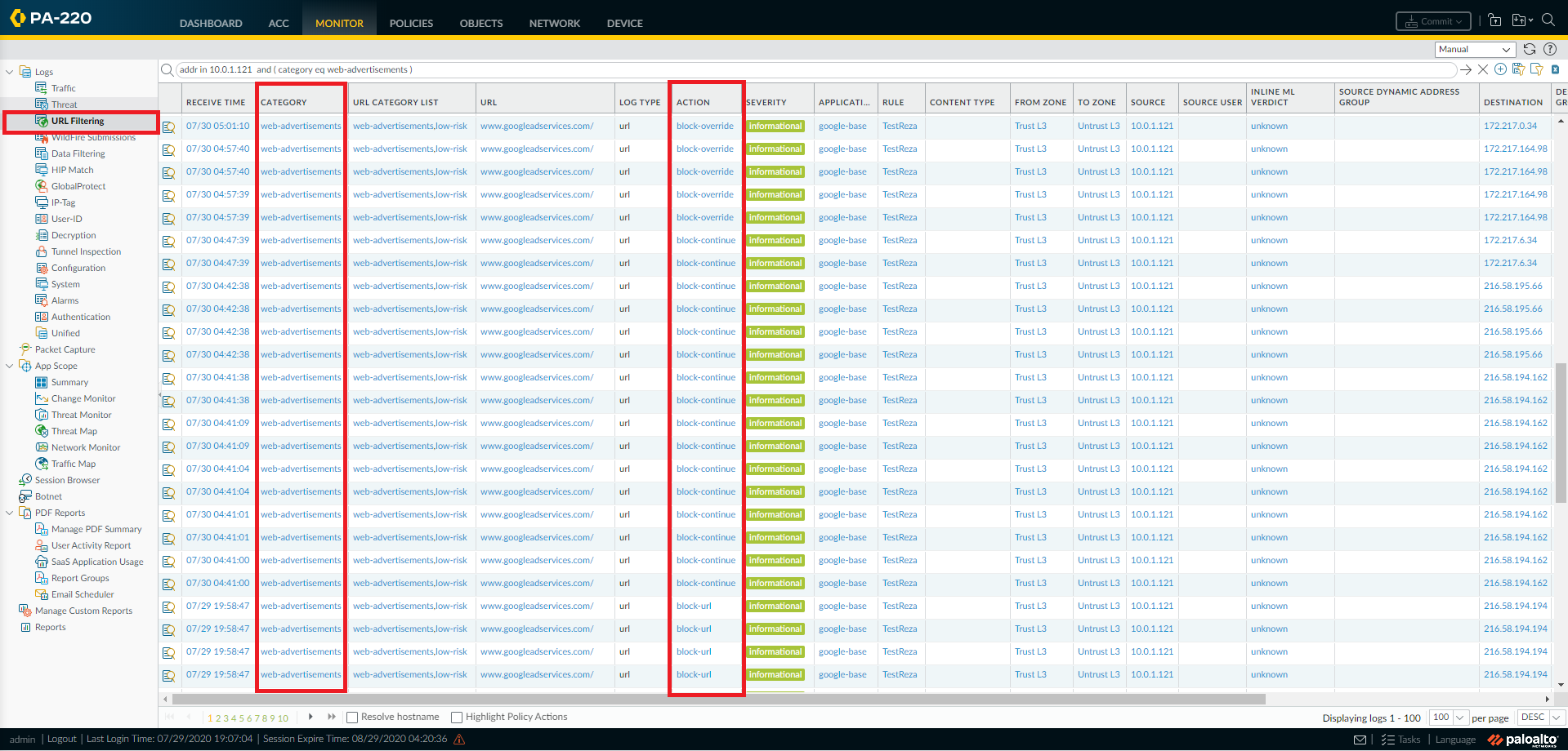 URL category in URL log