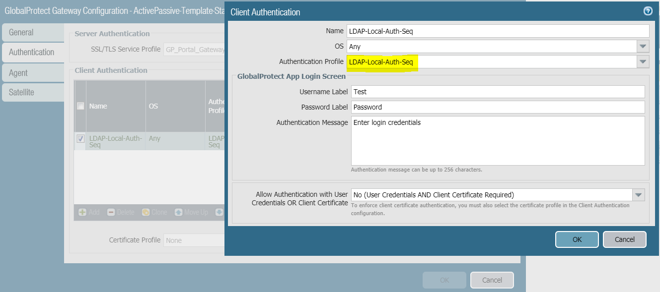 Snapshot displaying the GlobalProtect gateway client authentication ...