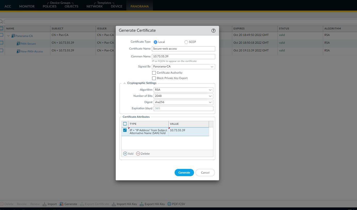 Snapshot displaying a new certificate being created in the Generate ...