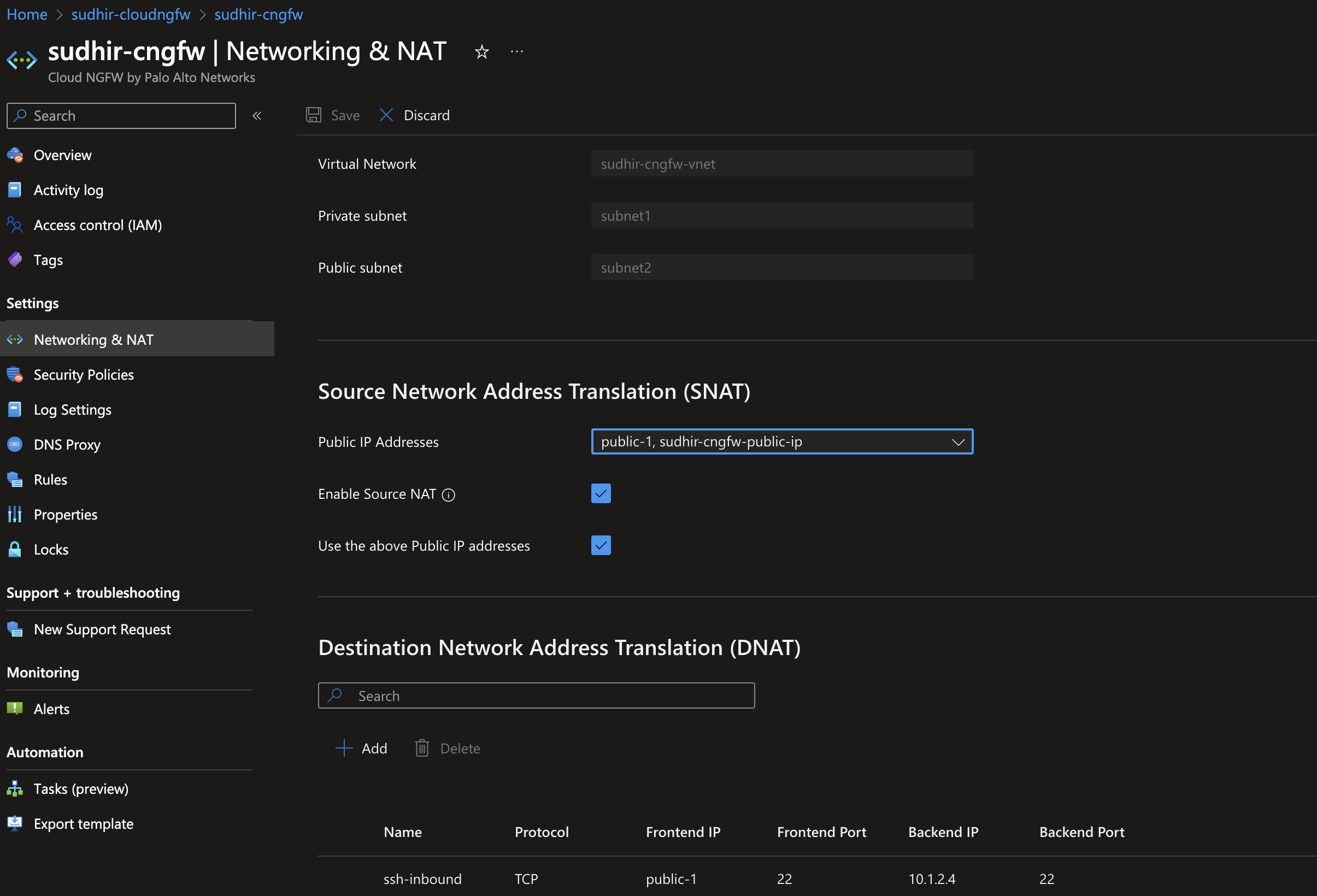 Source Network Address Translation (SNAT) settings