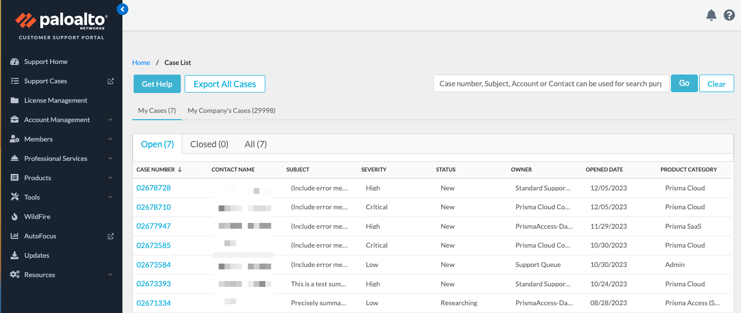 List of Support Cases in CSP