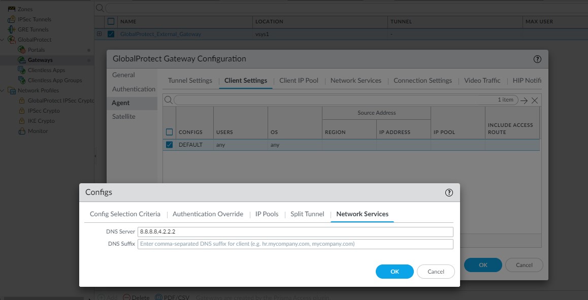 gateway agent network services DNS server settings