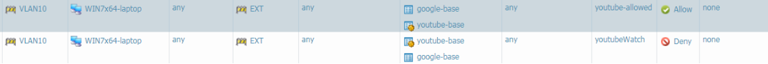 2 rules showing allow and then block of Youtube