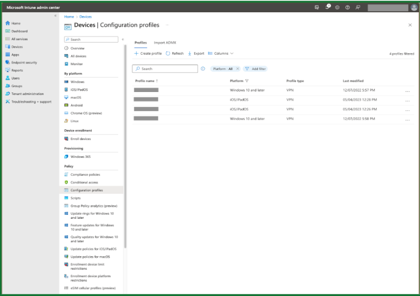 Capture d’écran du profil de configuration