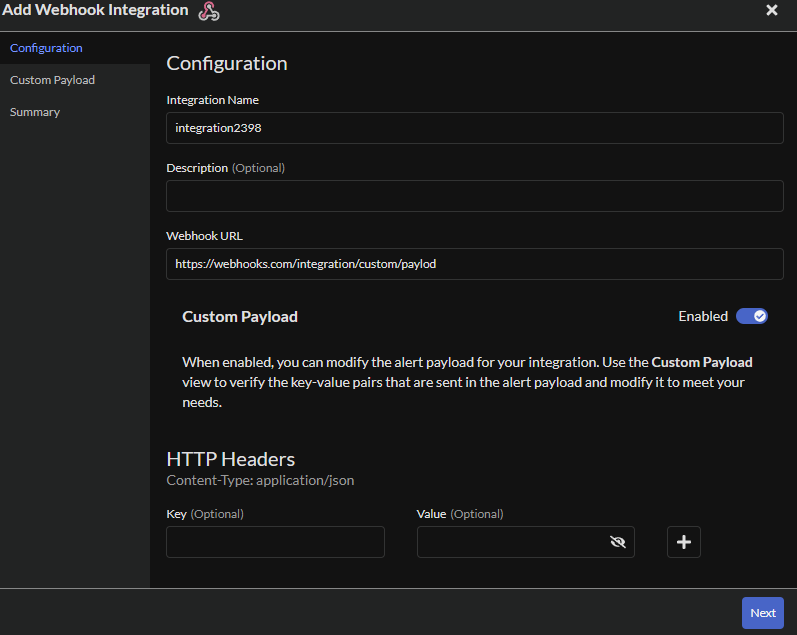Add Webhook Integration screen - Custom Payload is set to Enabled.
