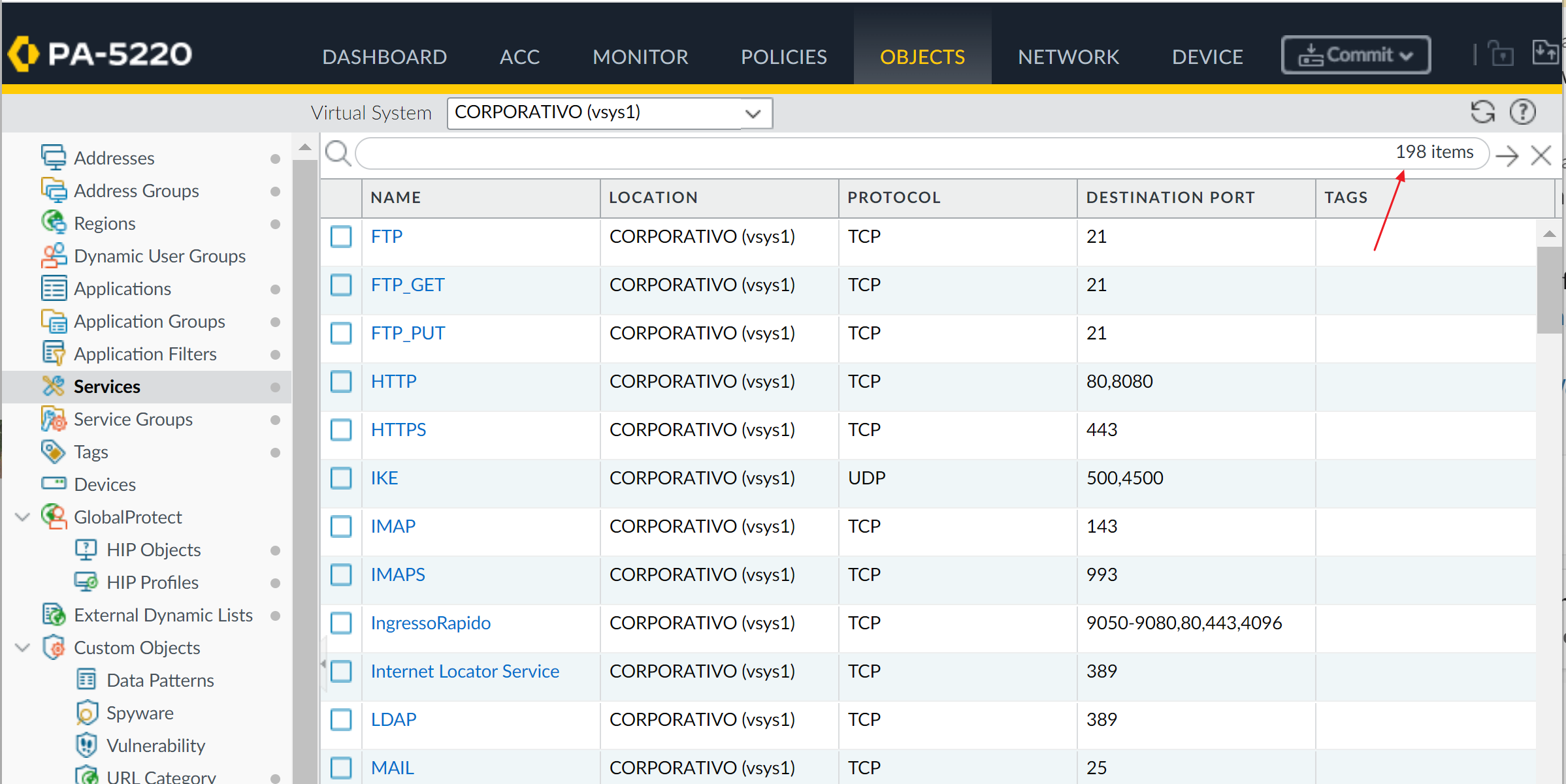 How to check the number of currently configured Services Objects.