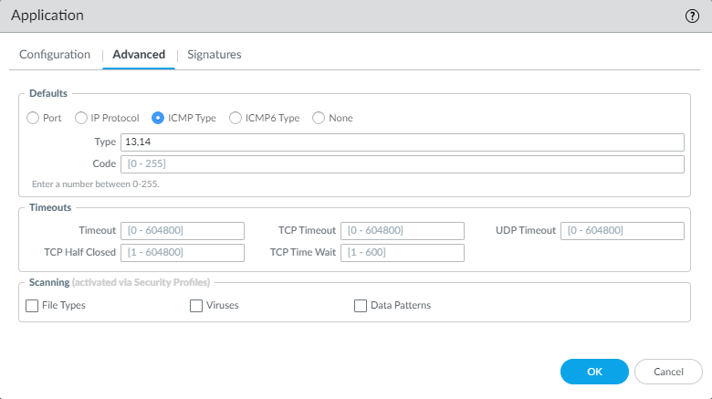 Application's advanced tab showing ICMP type 13,14