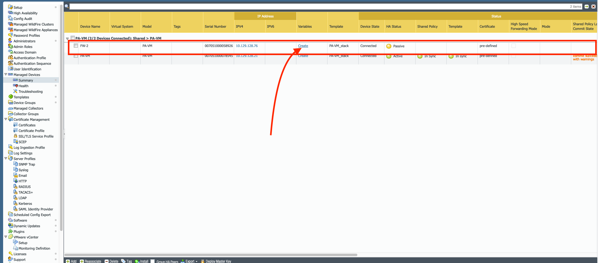 Click on the "Create" link to set the value of the variables