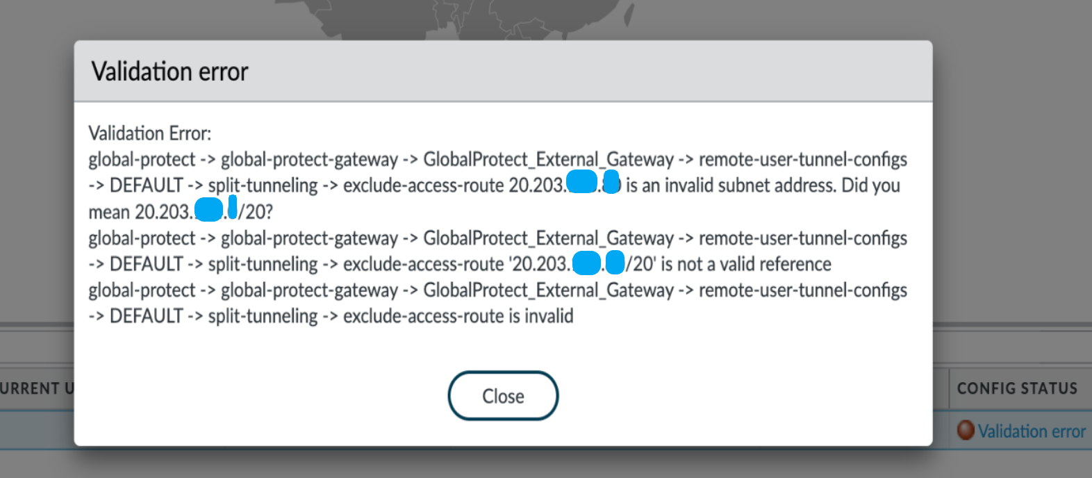 Error de validación