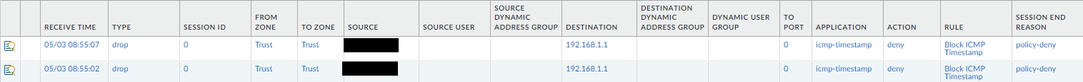 Traffic log showing ICMP timestamp being denied