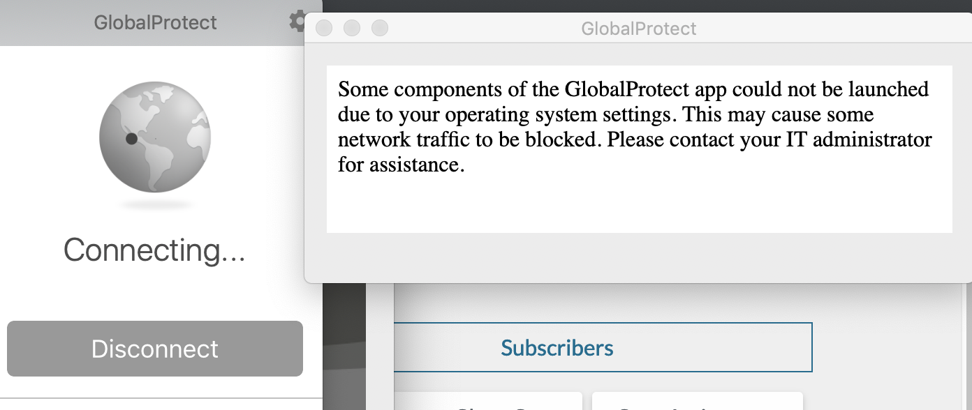 GlobalProtect一部のネットワーク トラフィックがブロックされたことを示すメッセージが表示された状態のスクリーンショット。