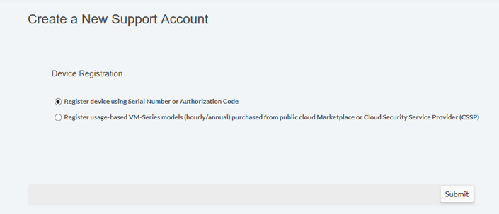 Create a New Support Account Device Registration