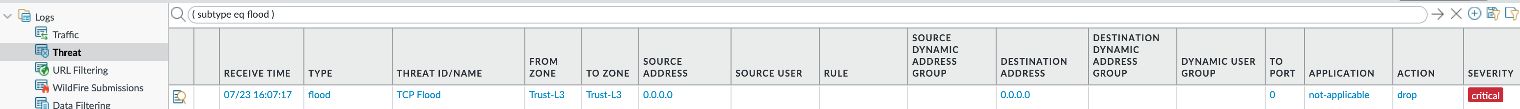 Zone Protection Threat Log entries will indicate "From Zone" and "To ...