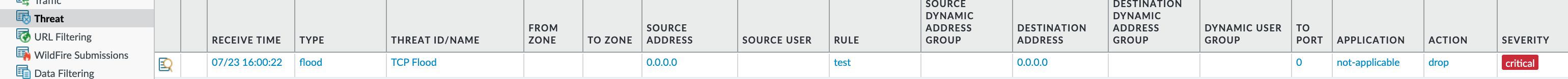 Aggregate DoS Policies Threat Log entries do not indicate "From Zone ...