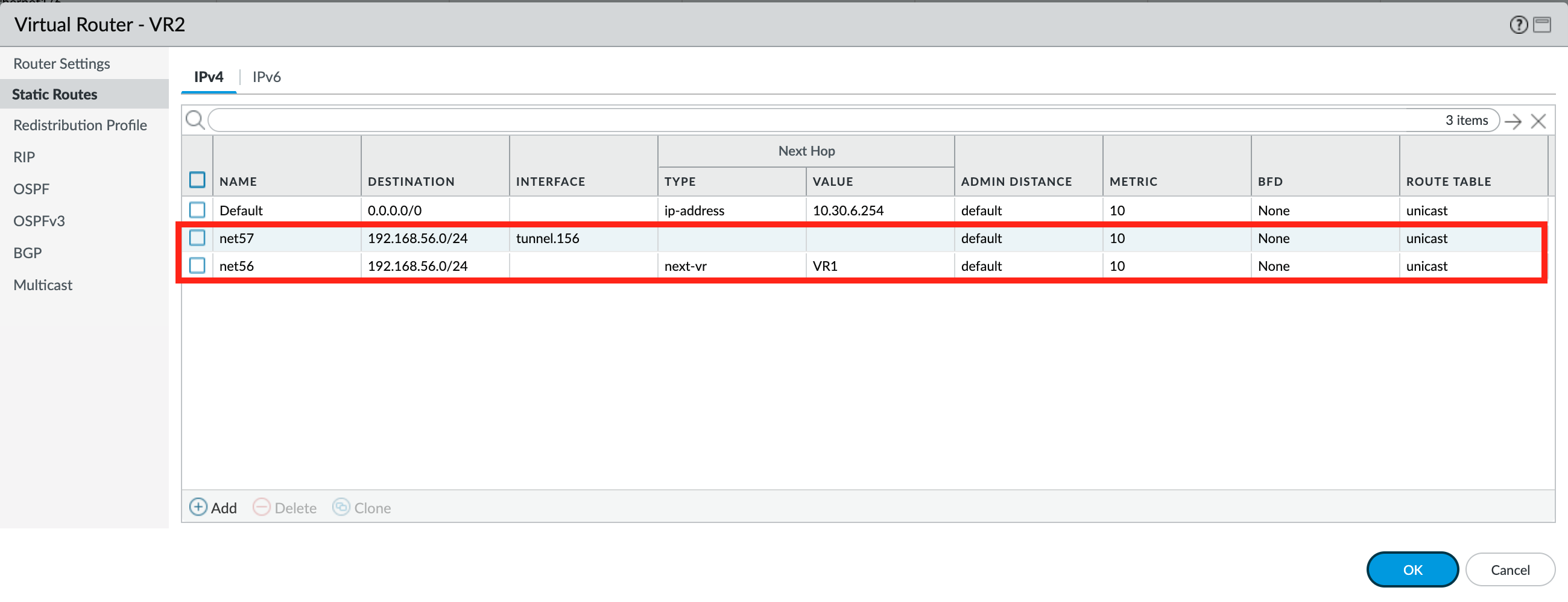 static routes for VR2