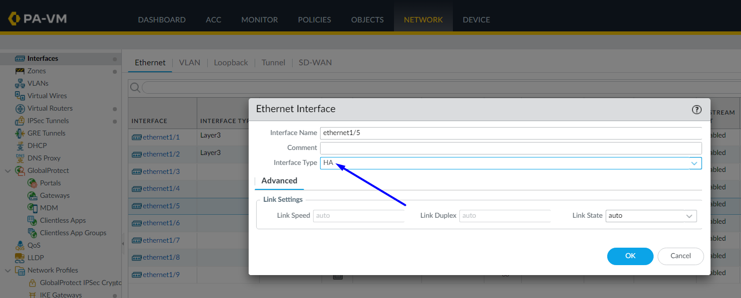 Changing Interface Type to HA in Network Interfaces