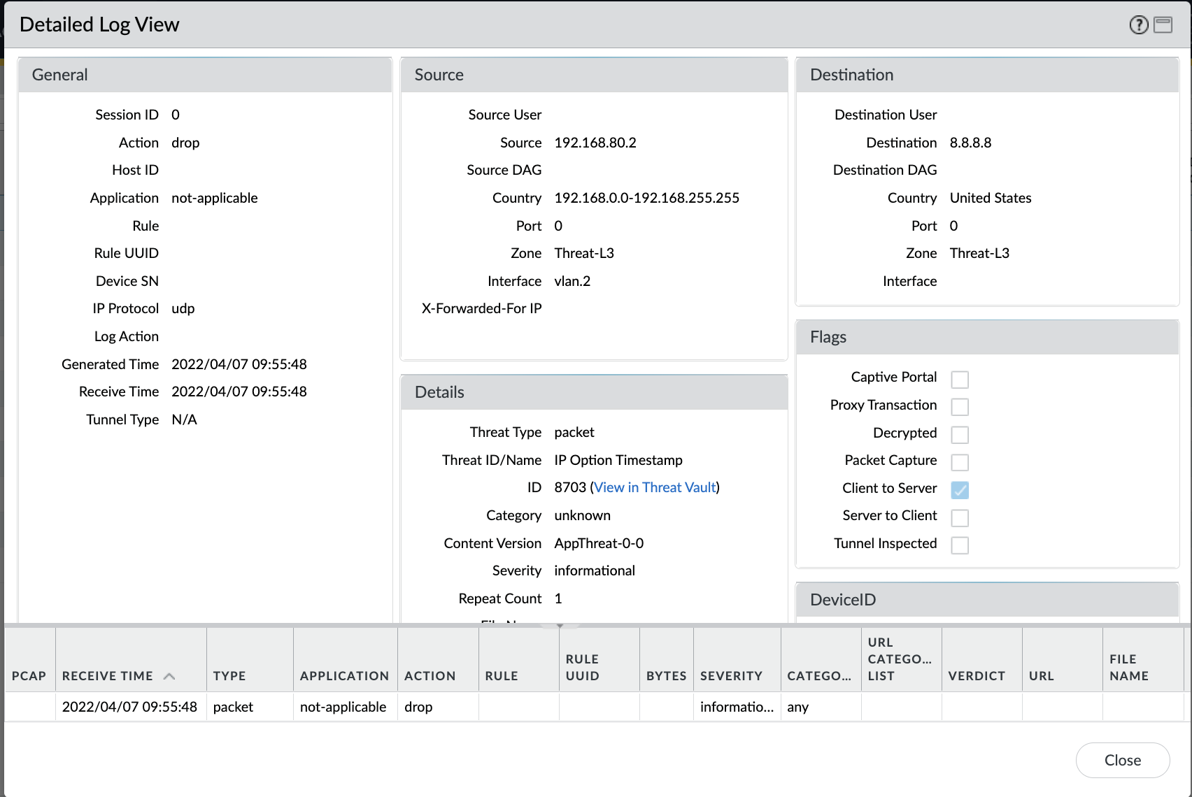 Detailed Threat Log view of a IP Option Timestamp drop