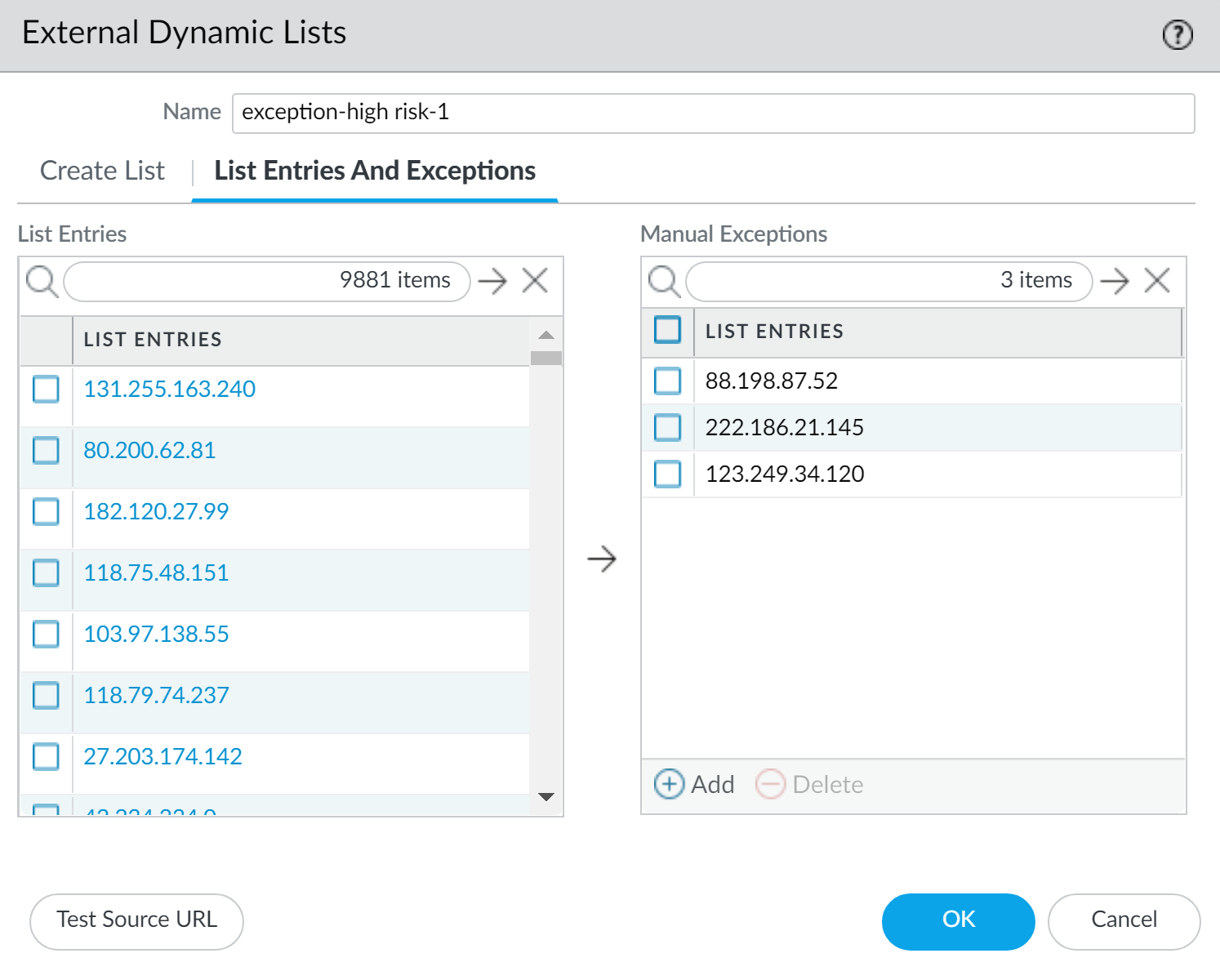 Screenshot of the Objects > External Dynamic Lists Web UI page where you can view EDL IP or URL ...