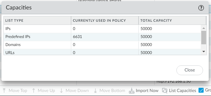 Screenshot of Objects > External Dynamic Lists > List Capacities button