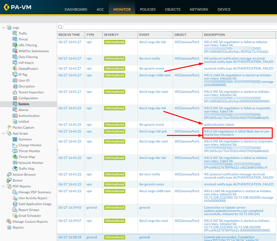 System Logs for pre-shared key mismatch