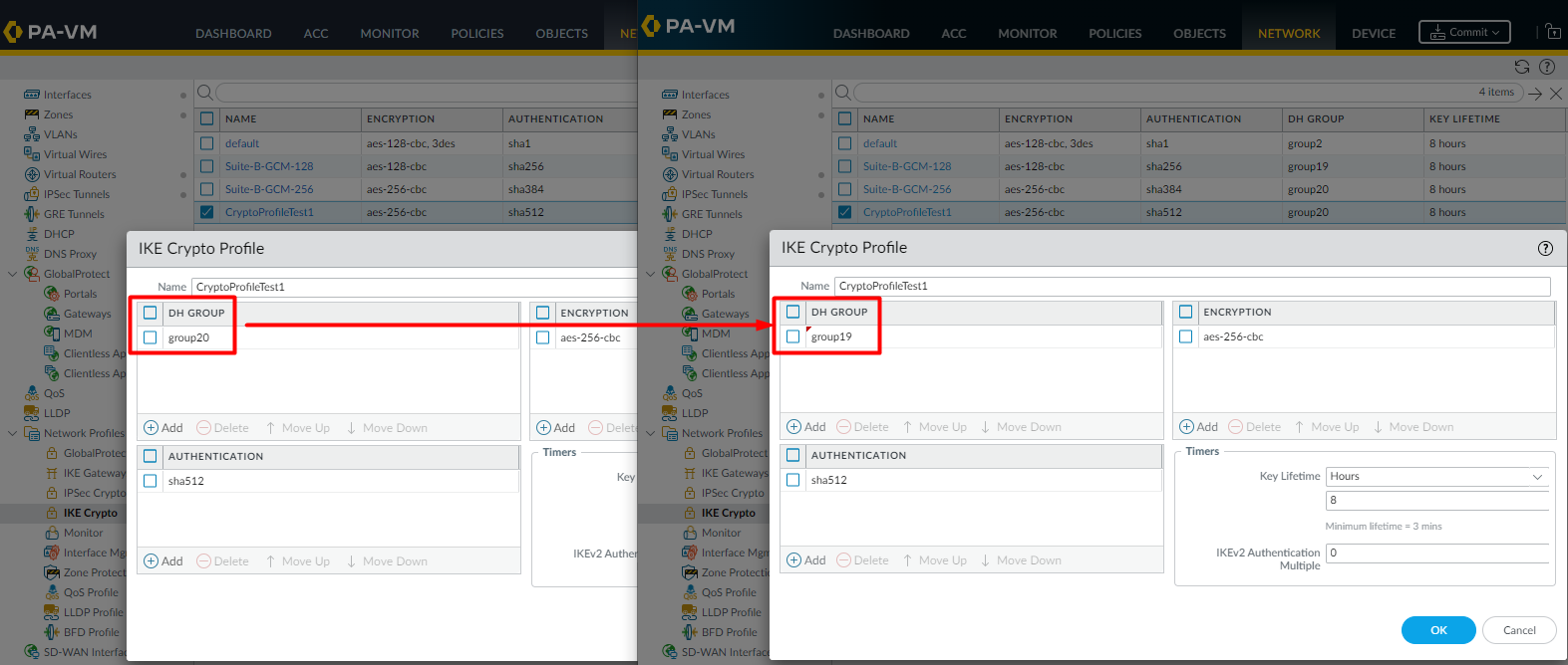 Comparing Web GUI for DH Group Phase 1 mismatch