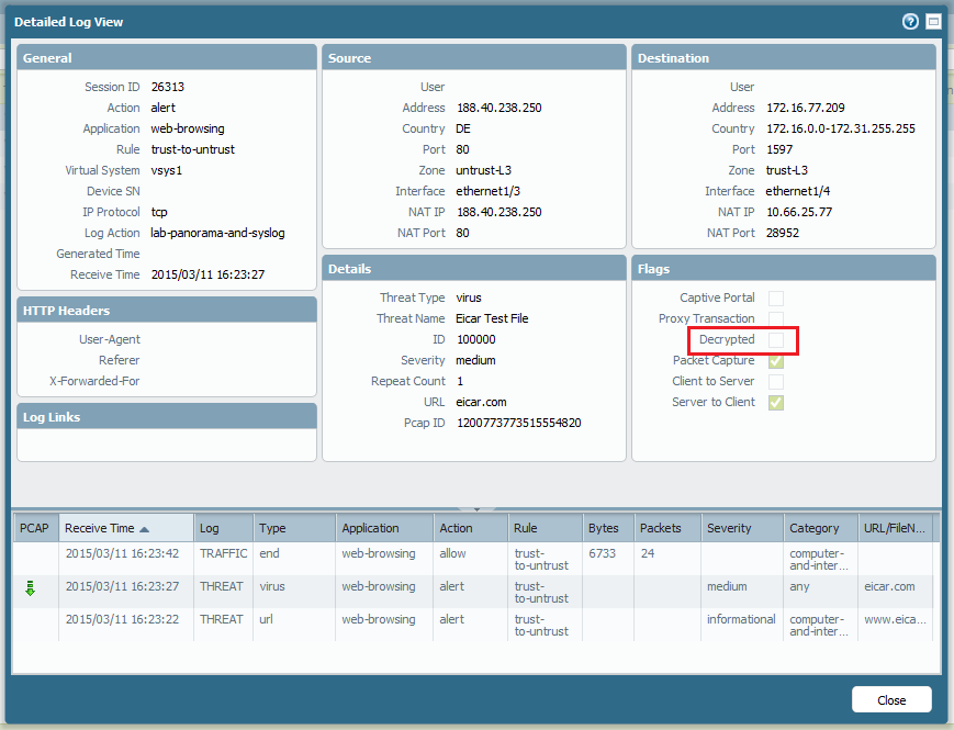 Output of the traffic log which determines whether the session was ...