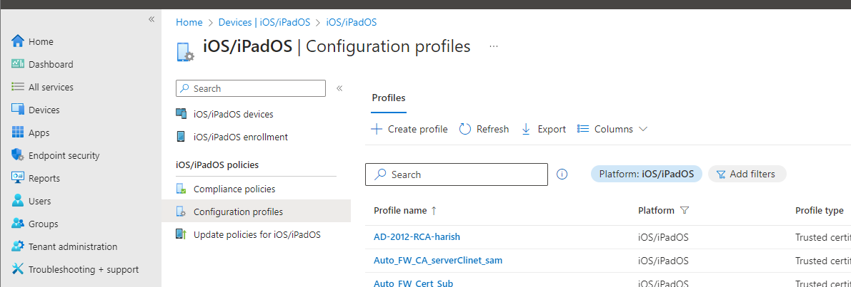 Intune Dashboard iOS/iPadOS Configuration Profiles snapshot