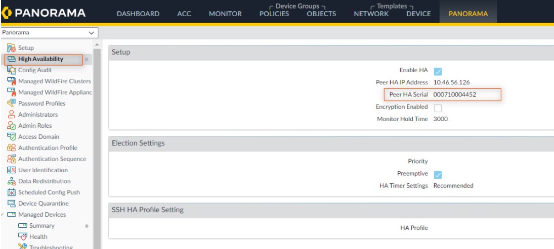 Peer HA Serial number configured