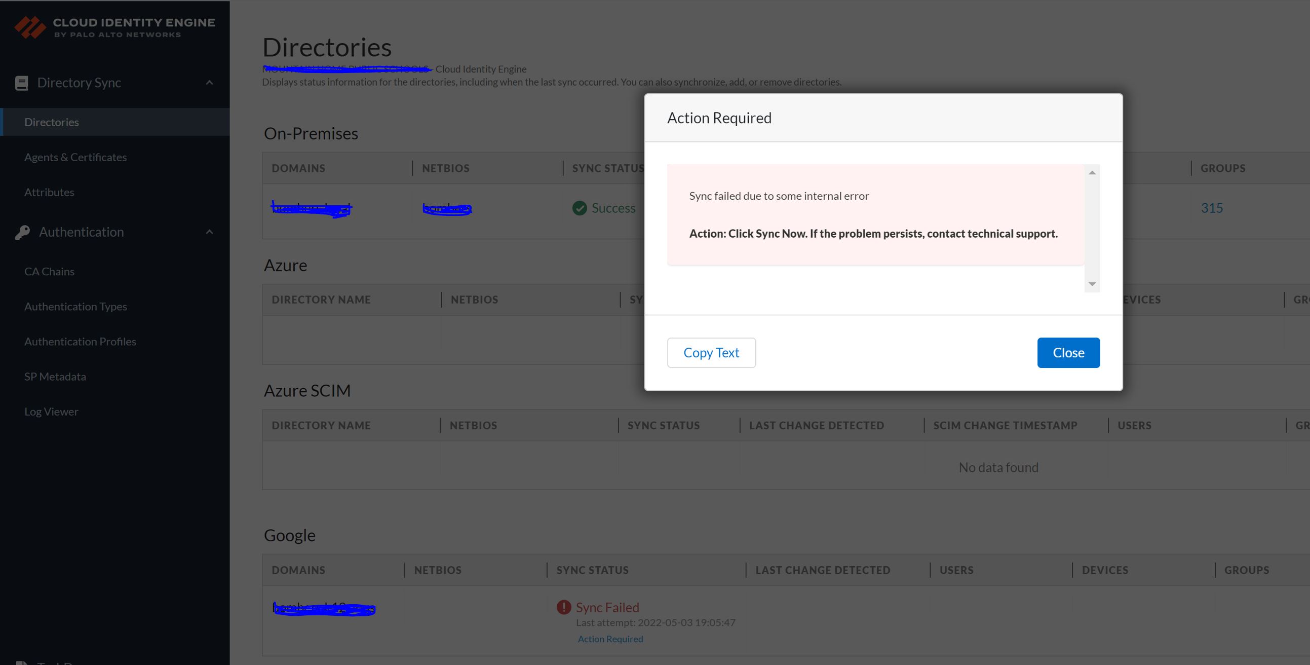 screenshot showing the cie sync error