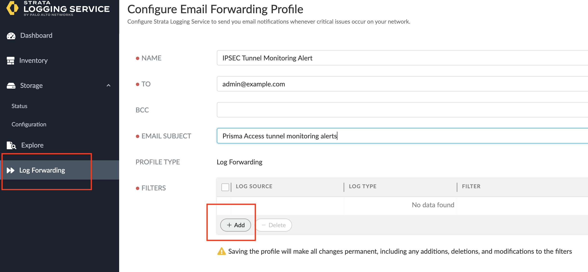Email log forwarding profile