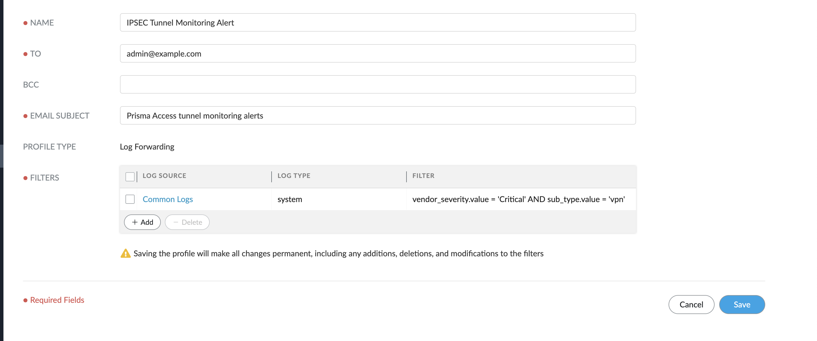 Save the filter and the log forwarding profile. Now, Any new logs matching the filter will be ...