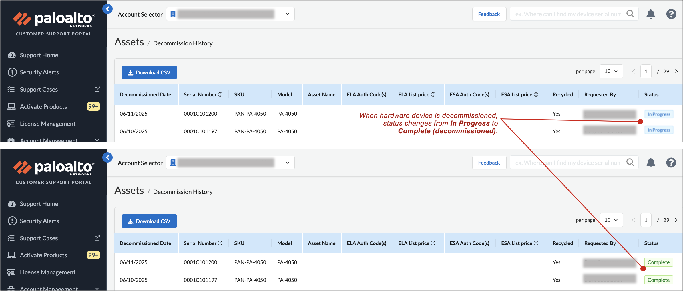 CSP displays a page with the status of previously decommissioned ...