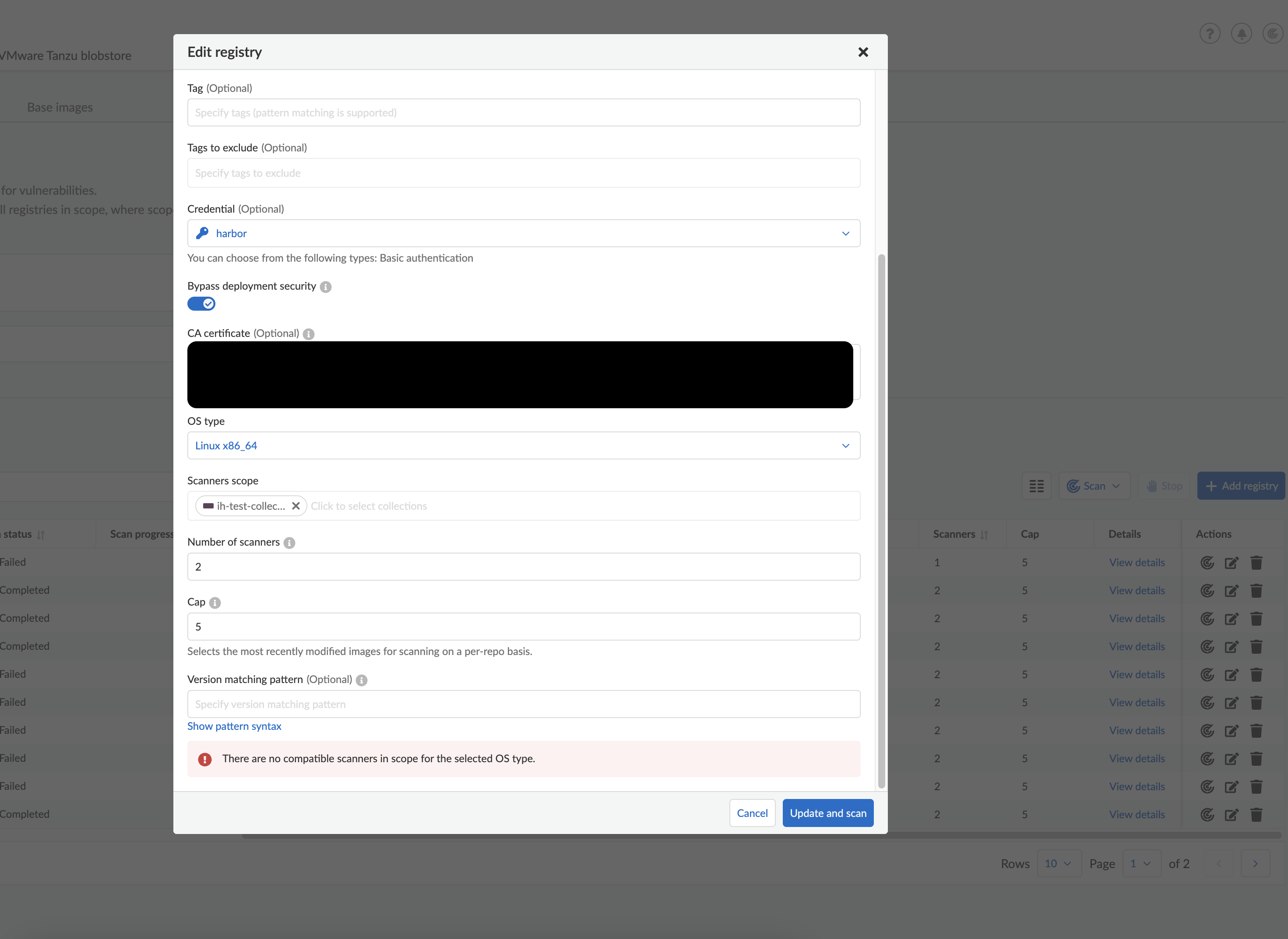 When you configure Registry scan and add the podman host in Scanners scope you get the following ...