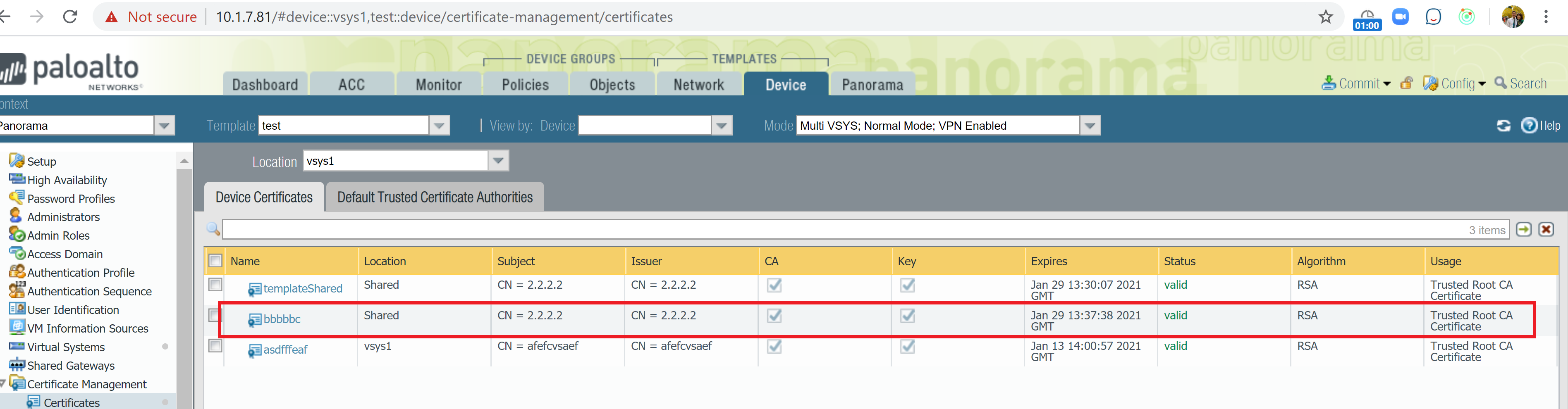 Template with Trusted Root CA configured