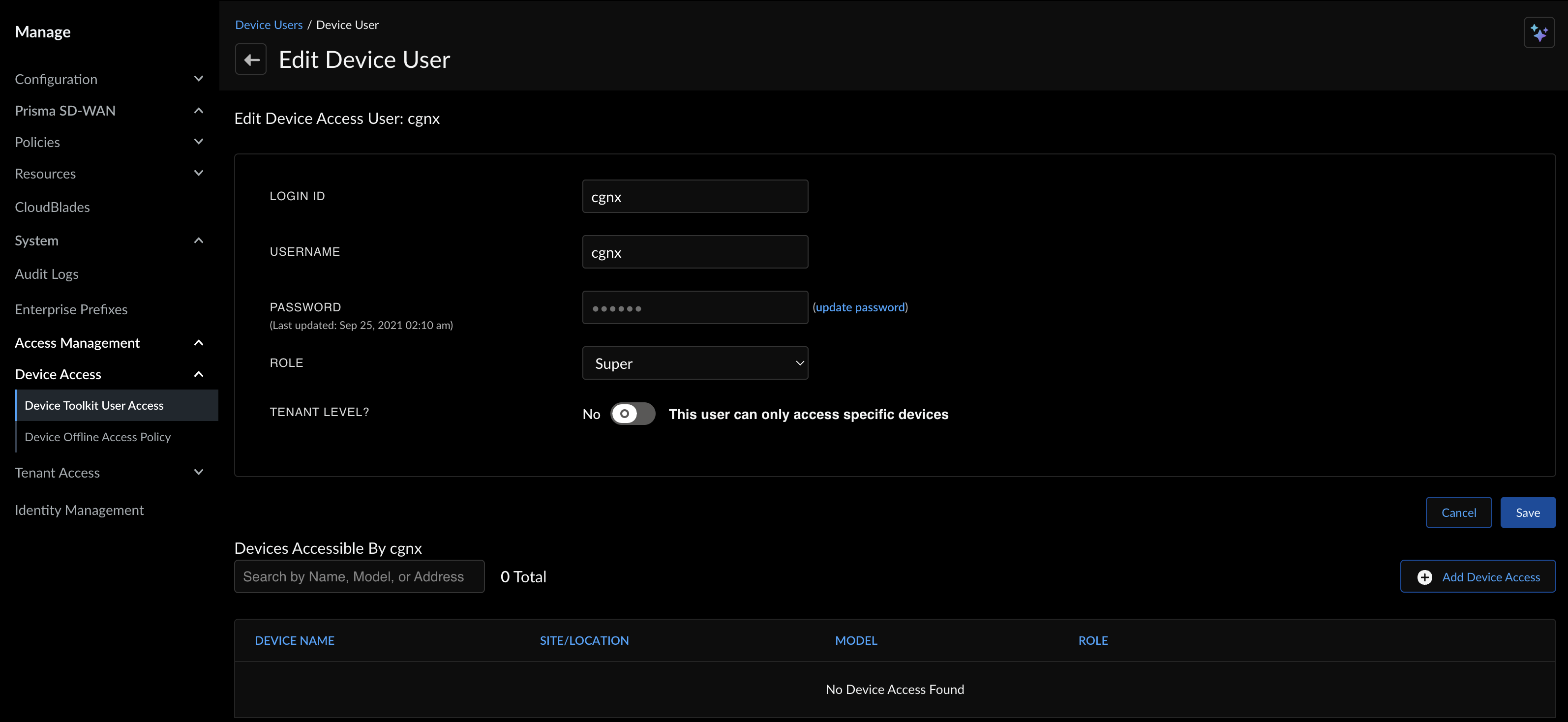 Once user created, click on edit and select "Add Device Access" below ...