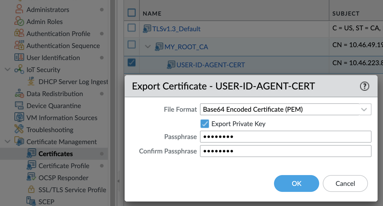 Import the User-ID agent's private/public certificate to the host/server. Configure the User-ID ...