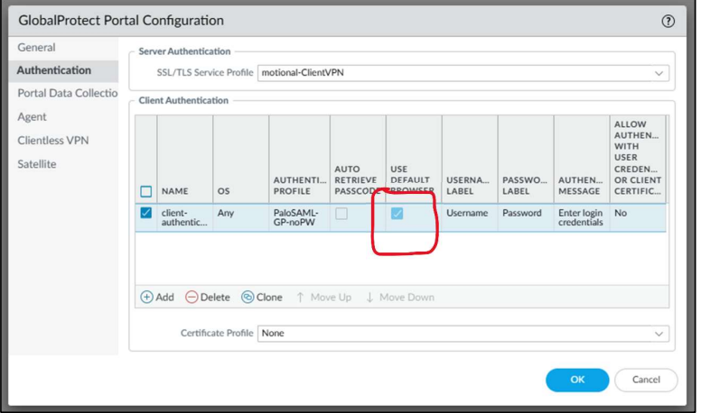 Authentication profile with 'Use Default Browser' enabled (correct configuration).